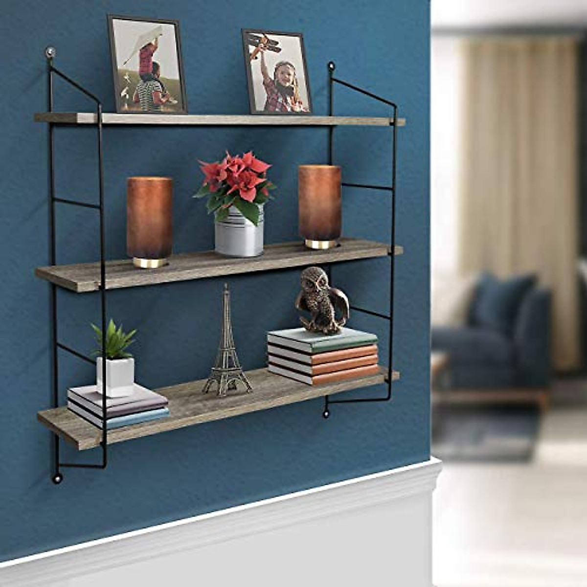Sorbus® Floating Shelf with Metal Brackets — Wall Mounted Rustic Wood Wall Storage, Decorative Hanging Display for Trophy, Photo Frames, Collectibles, and Much More (3-Tier – Grey)