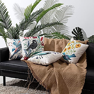 Waterproof Throw Pillow Covers 4 Pack Outdoor Farmhouse Linen Cushion Covers Square Decorative Pillow Cases for Patio Garden, Bird 18x18 inches