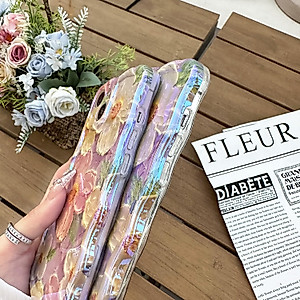 Sayoaho Compatible with iPhone 13 Pro Max Case for Women, Cute Curly Wave Frame Shape, Colorful Retro Oil Painting Flower Laser Beam Glossy Pattern, Compatible with iPhone 13 Pro Max, Pink