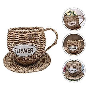 Cabilock Woven Teacup Flower Basket Rattan Woven Basket Desktop Decor Woven Flower Vase Fiddle Leaf Fig Wicker Woven Basket Dining Table Planter Water Plant Weaving Indoor Household Basket