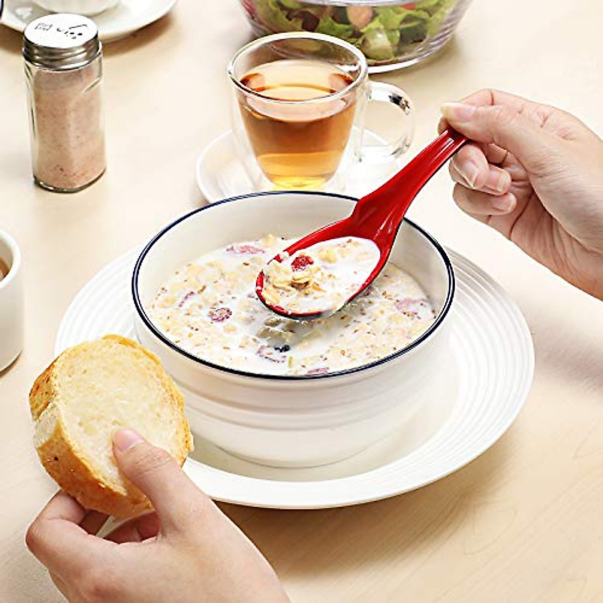 12 PACK Asian Soup Spoons, Rice Spoons, Melamine Chinese Won Ton Soup Spoon For soba, pho, ramen, Noodle, Korean Style Large Spoon with Long Handle- Notch and Hook Style, Red ＆ Black