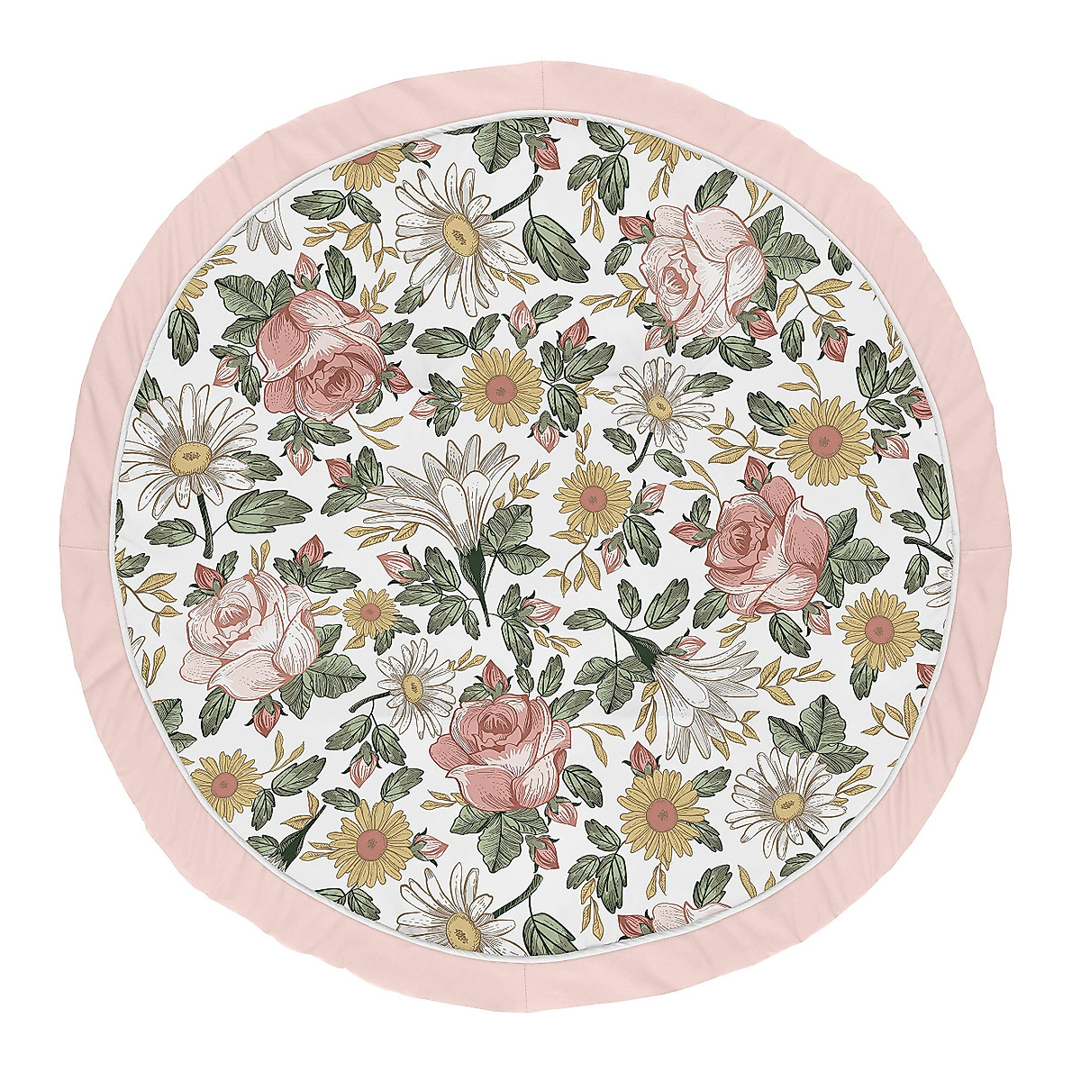 Sweet Jojo Designs Vintage Floral Girl Baby Playmat Tummy Time Infant Play Mat - Blush Pink, Yellow, and Green Boho Shabby Chic Rose Flower Farmhouse