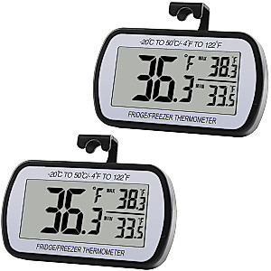 2 Pack Refrigerator Fridge Thermometer Digital Freezer Room Thermometer Waterproof Large LCD Display Max/Min Record Function-Black