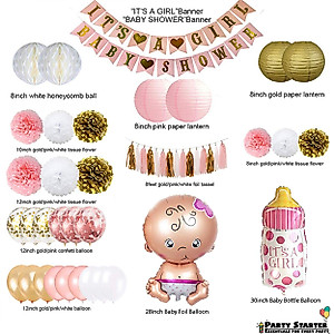 Baby Shower Decorations For Girl, Pink and Gold Baby Girl Shower Decorations set, Paper Lantern, Baby Shower Banner, It's a Girl Banner, Baby Girl Foil Balloon, Flower Pom Pom, Foil Tassel