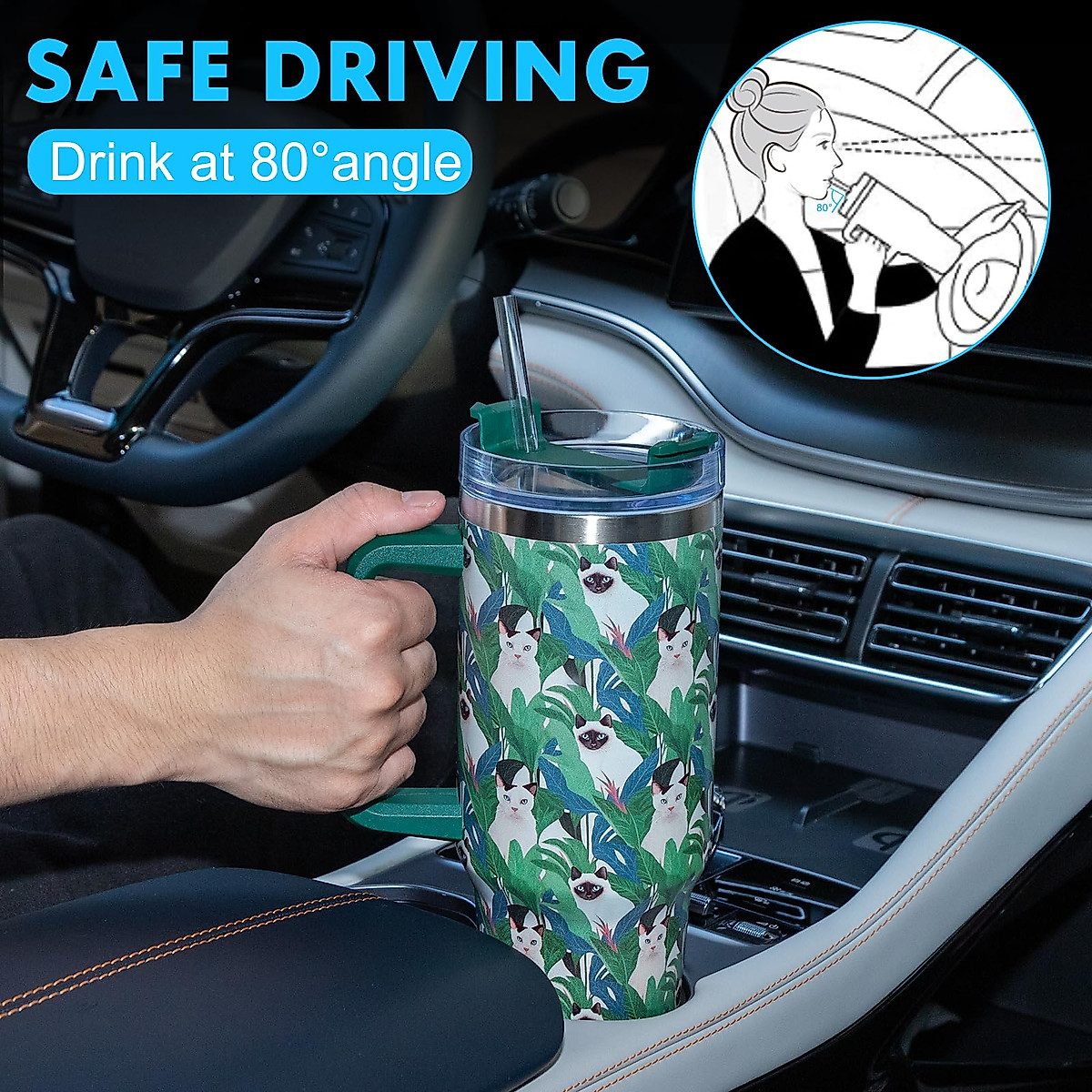 40 oz Tumbler with Handle and Straw, Cats with Leaves Insulated Travel Mug Iced Coffee Cup, Reusable Stainless Steel Insulated Water Bottle, Keeps Drinks Cold for 34 Hours, Dishwasher Safe, BPA Free