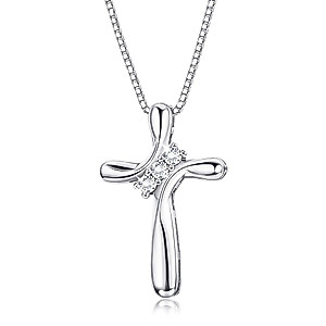 FUNRUN JEWELRY 925 Sterling Silver Cross Necklace for Women 3-Stone Cubic Zirconia Silver Cross Pendant Necklaces with 1MM Box Chain,18 Inches