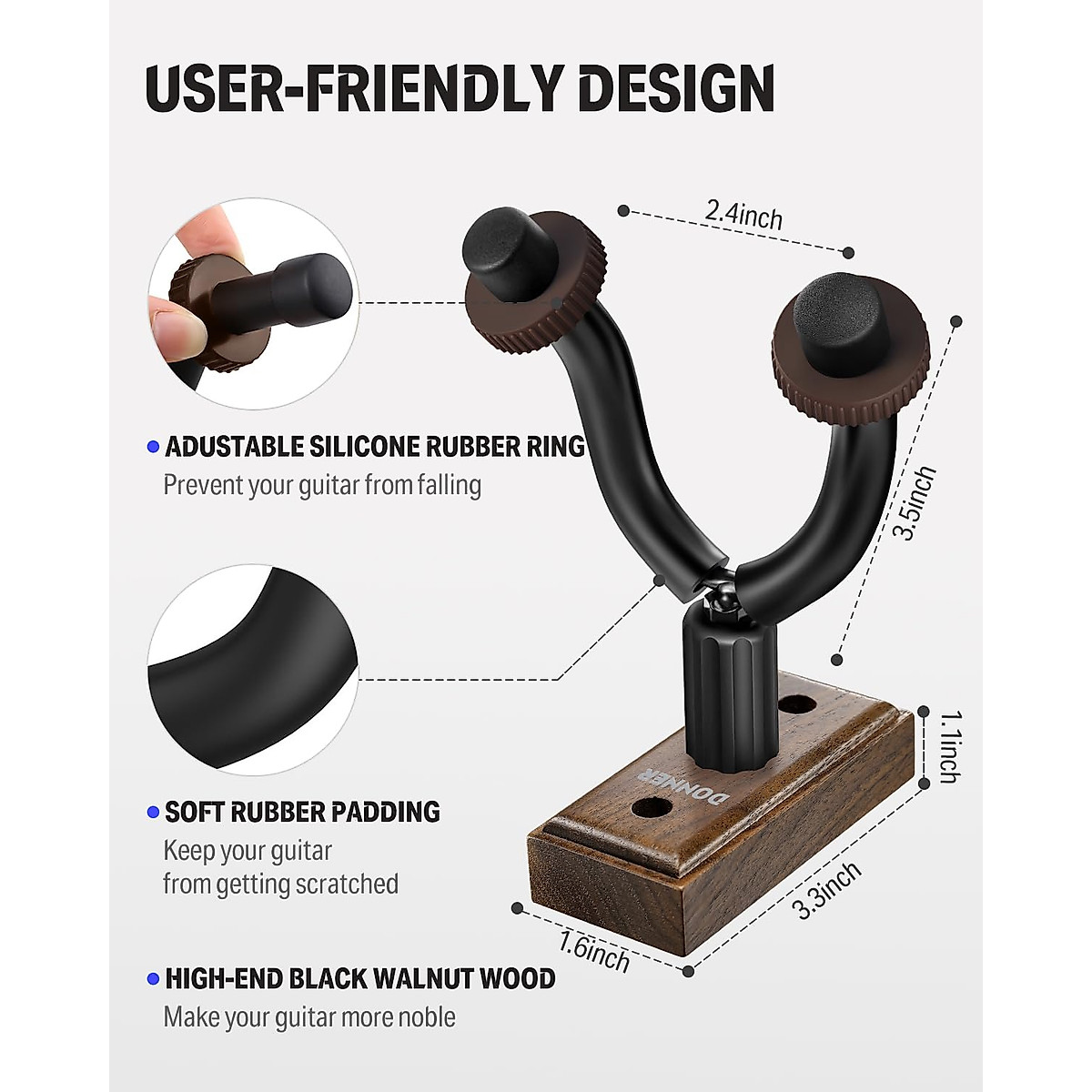 Donner Guitar Wall Mount Hanger 6-Pack, Black Walnut Guitar Wall Holder for Acoustic Electric Guitars, Bass, Folk Ukulele, Violin, Mandolin Banjo and String Instruments