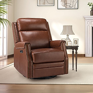 HULALA HOME Power Recliner Chair with USB, Genuine Leather Electric Swivel Rocker Recliner Chair with Nailhead Trim & Metal Base for Living Room Bedroom Home Theater, Brown