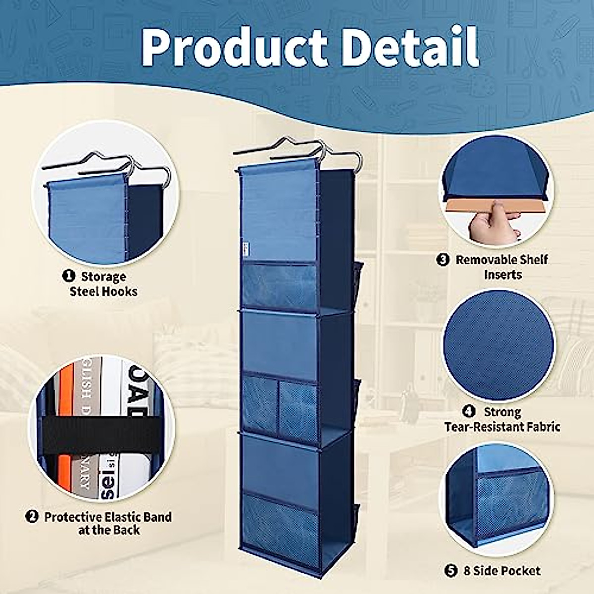 Annecy Locker Organizer for School, Work, Gym, and Closet, 3 Shelf Hanging Locker Accessories for Girls Boys, Adjustable School Locker Shelf from 3 to 2 Shelves, Navy Blue
