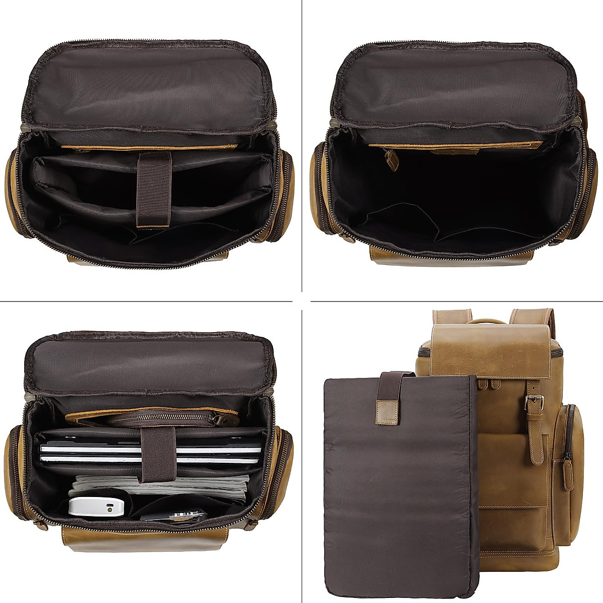 Masa Kawa Leather Backpack for Men 15.6 Inch Laptop Large Capacity Vintage College School Bag Hiking Daypack