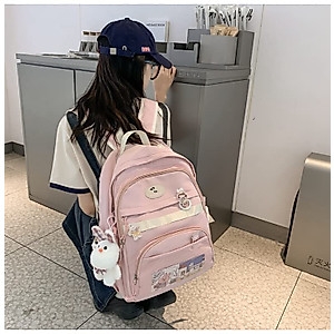 Kawaii Backpack with Cute Pins Bunny Plush Pendant, Aesthetic School Bags Bookbag, Lovely Japanese Ita Bag Daypack (Pink)