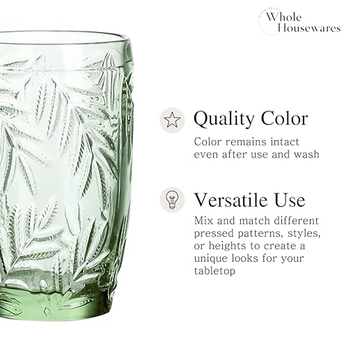 WHOLE HOUSEWARES | Glass Tumblers | Set of 6 Drinking Glasses | 11.5 oz Embossed Design | Vintage Drinking Cups for Water, Iced Tea, Juice | Wedding, Party Glassware Sets (Green)