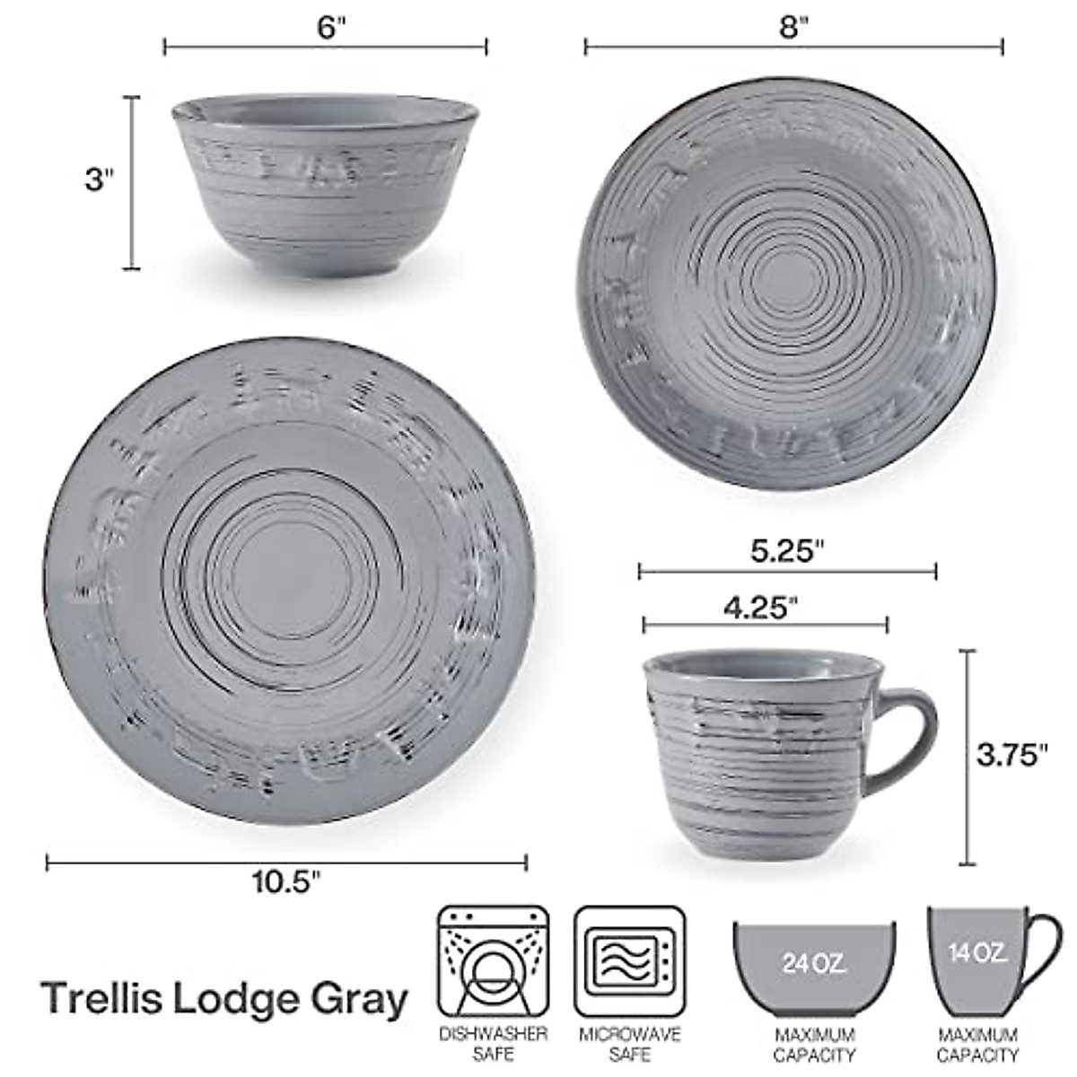 Pfaltzgraff Trellis Lodge 16 Piece Dinnerware Set, Service For 4, Gray