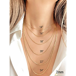 JEWELHEART 14K Real Gold Link Chain Necklace - 2mm Diamond Cut Cable Chain - Dainty 14K Yellow Gold Necklace For Women with Lobster Clasp 16"