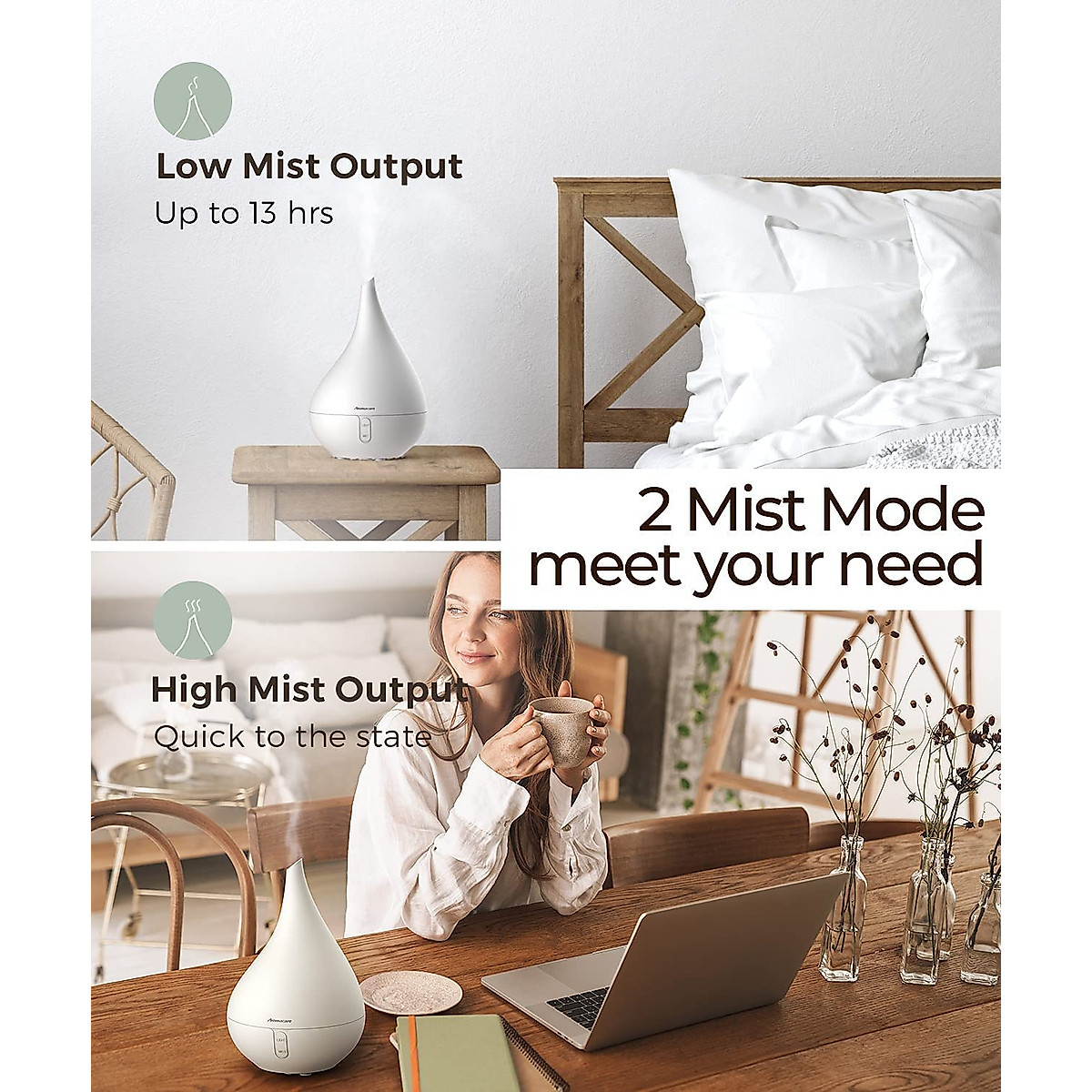 Aromacare, Aromatherapy Aroma Diffuser for Essential Oils, Cool Mist Humidifier for Home Bedroom, One Fill for 10Hours with Night Light 2 Mist Mode Waterless Auto-Off