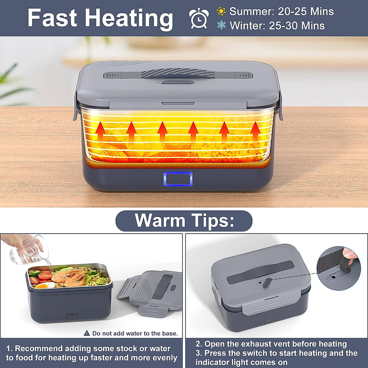 Vabaso Electric Lunch Box for Adults, 100W Heated Lunch Box for Car/Truck Home/Work, Portable Food Warmer Heating Lunch Box with 1.8L/61oz Stainless Steel Container, 12V/24V/110V/220V