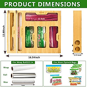 Ziplock Bag Storage Organizer for Kitchen,Aluminum Foil Plastic Wrap Dispenser with Cutter,Real Bamboo 6-in-1 Sandwich Bags Organizer and Lunch Baggie Dispenser,for Drawer,Wall,Pantry etc