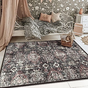 Castage Black Rug 3’x5’ Washable Area Rugs for Bedroom Living Room Kitchen Entryway Bathroom Boho Small Vintage Aztec Distressed Laundry Room Red Carpet Soft Non Slip