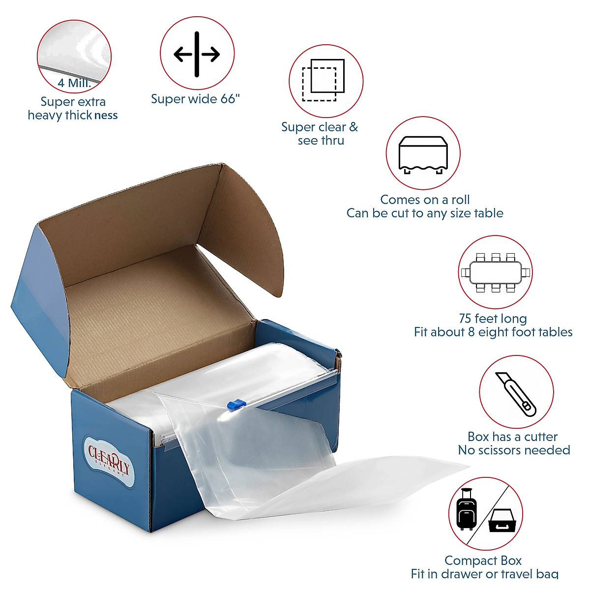 [4 MILL] - ''66 In x 72.5'' Ft - CLEAR PLASTIC TABLE COVER, Tablecloths Covering, Table Protector, Wide Thick Disposable & Reusable on a Roll with SELF CUTTER, Protects from Spills, Water, Oil