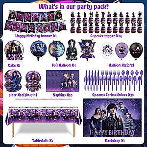 Wednesday Inspire Birthday Party Decorations, Wednesday Inspire Party Supplies Set Include Banner, Backdrop, Foil Latex Balloons, Tablecloth, Cake Toppers, Tableware, Wednesday Inspire Party Favors