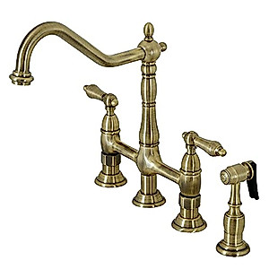 Kingston Brass KS1273ALBS Heritage 8-Inch Kitchen Bridge Faucet with Brass Sprayer, Antique Brass