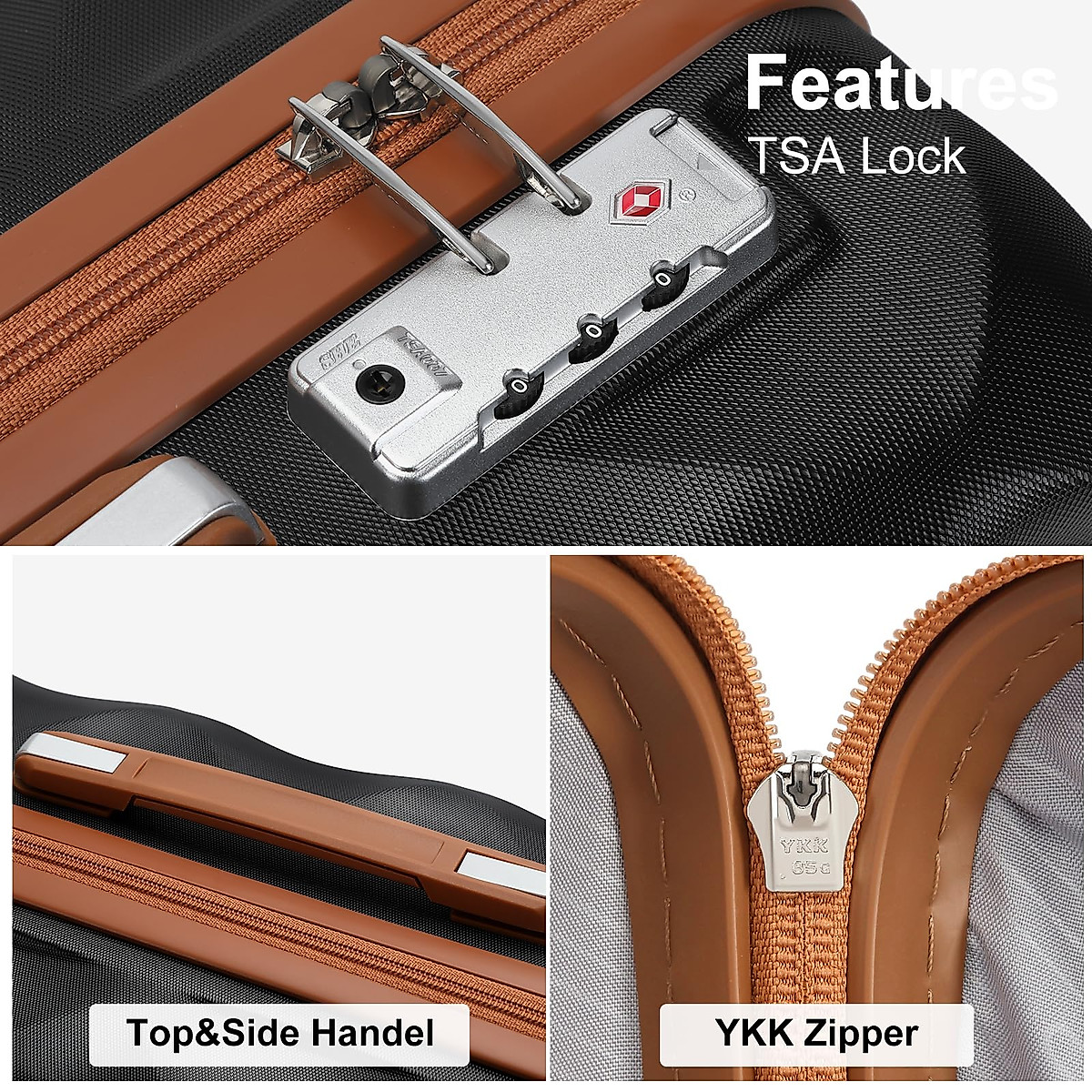 Somago Luggage Sets 20in Carry on Suitcase with TSA Lock YKK Zipper Spinner Wheels ABS Hardside Luggage 3 Piece Weekender Bags Travel Set,Black