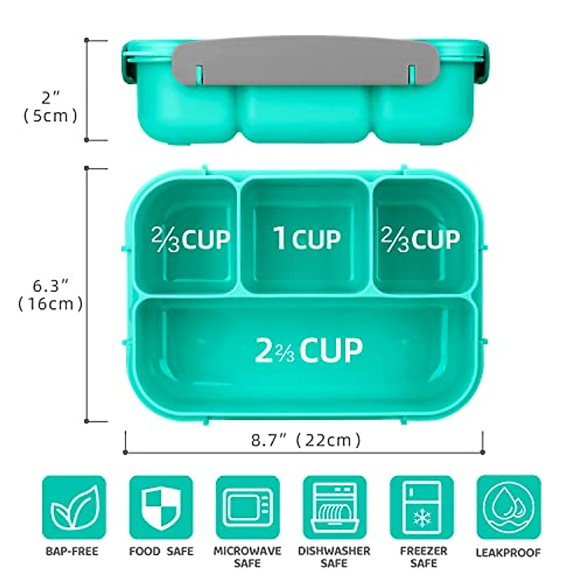 Bento Box, Lunch Box Containers for Toddler/Kids/Adults, 1300ml-4 Compartments&Fork, Leak-Proof, Microwave/Dishwasher/Freezer Safe, Bpa-Free(Green)
