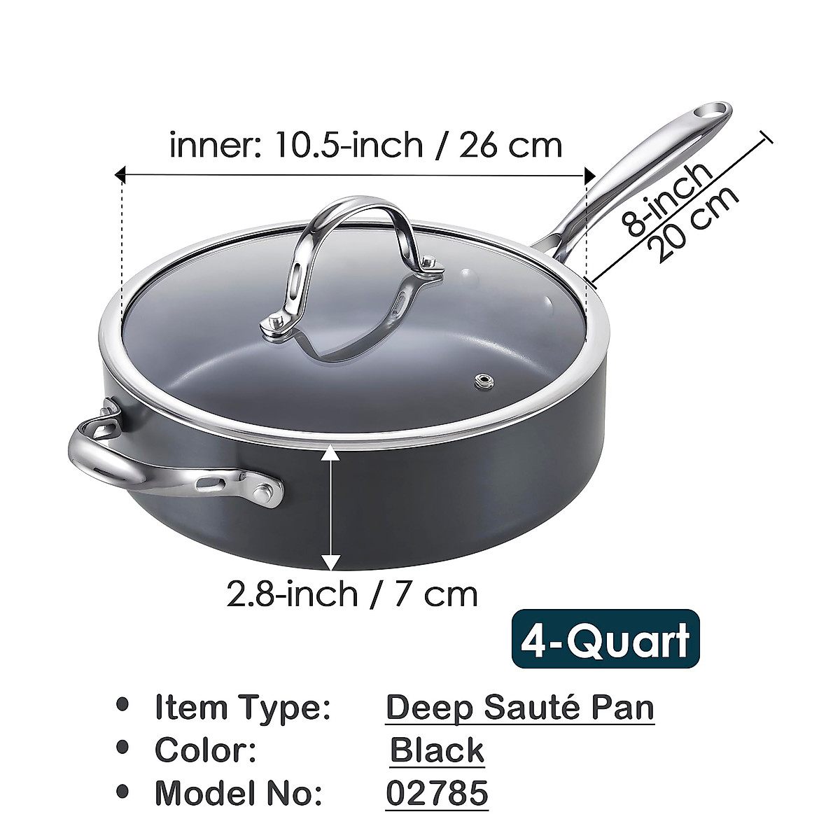 Cooks Standard 4-QT Nonstick Deep Sauté Pan with Lid, 10.5-inch Deep Frying Pan Hard Anodized Ceramic Nonstick Induction Cookware, Oven Safe Large Skillet Jumbo Cooker Sartén, Helper Handle, Black