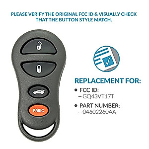 Keyless2Go Replacement for New Keyless Entry 4 Button Remote Car Key Fob for Vehicles That Use GQ43VT17T