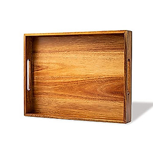 DecoVibe Acacia Wood Serving Tray with Handles - Rustic Wooden Tray for Living Room - Decorative Ottoman Wood Tray - 16" x 12" x 2" Large Food Trays for Ottomans, Coffee Table, Breakfast, Bed, Couch