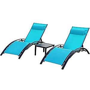 MIRSION Lounge Chair and Side Table Set of 3, Patio Chair for Outside in Swimming Pool, Beach Chaise Lounge Outdoor Recliner with Arm (Light Blue)