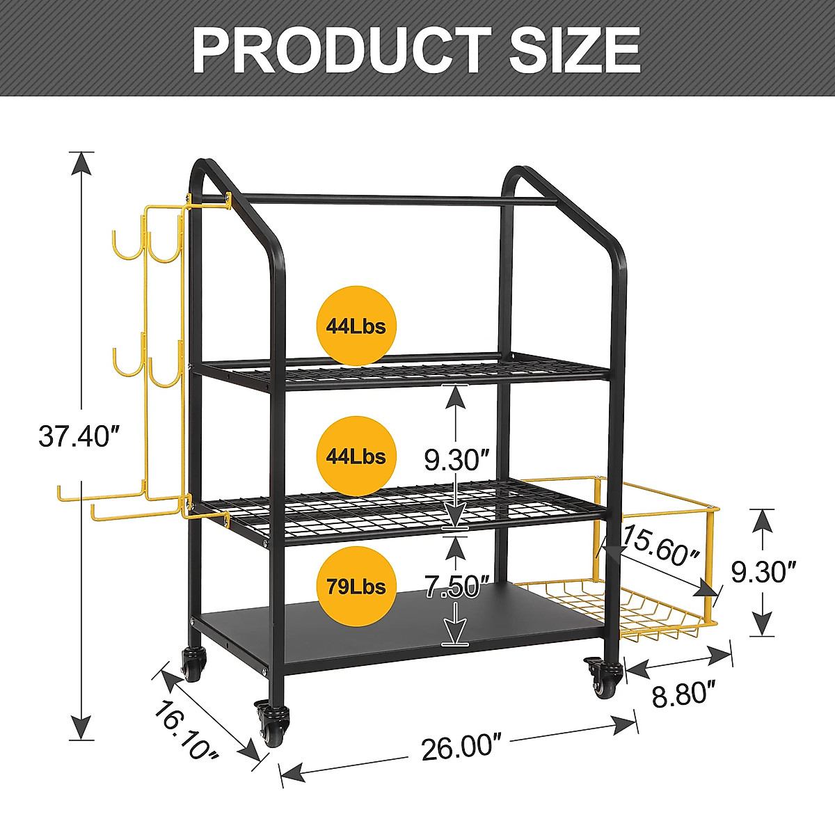 Vimexciter Dumbbell Rack, Training Equipment Storage Cart with Hooks and Wheels for Yoga Brick, Mat, Block, Roller, Dumbbell, Weight, Kettlebell, Resistance Band and More for Home Gym Workout