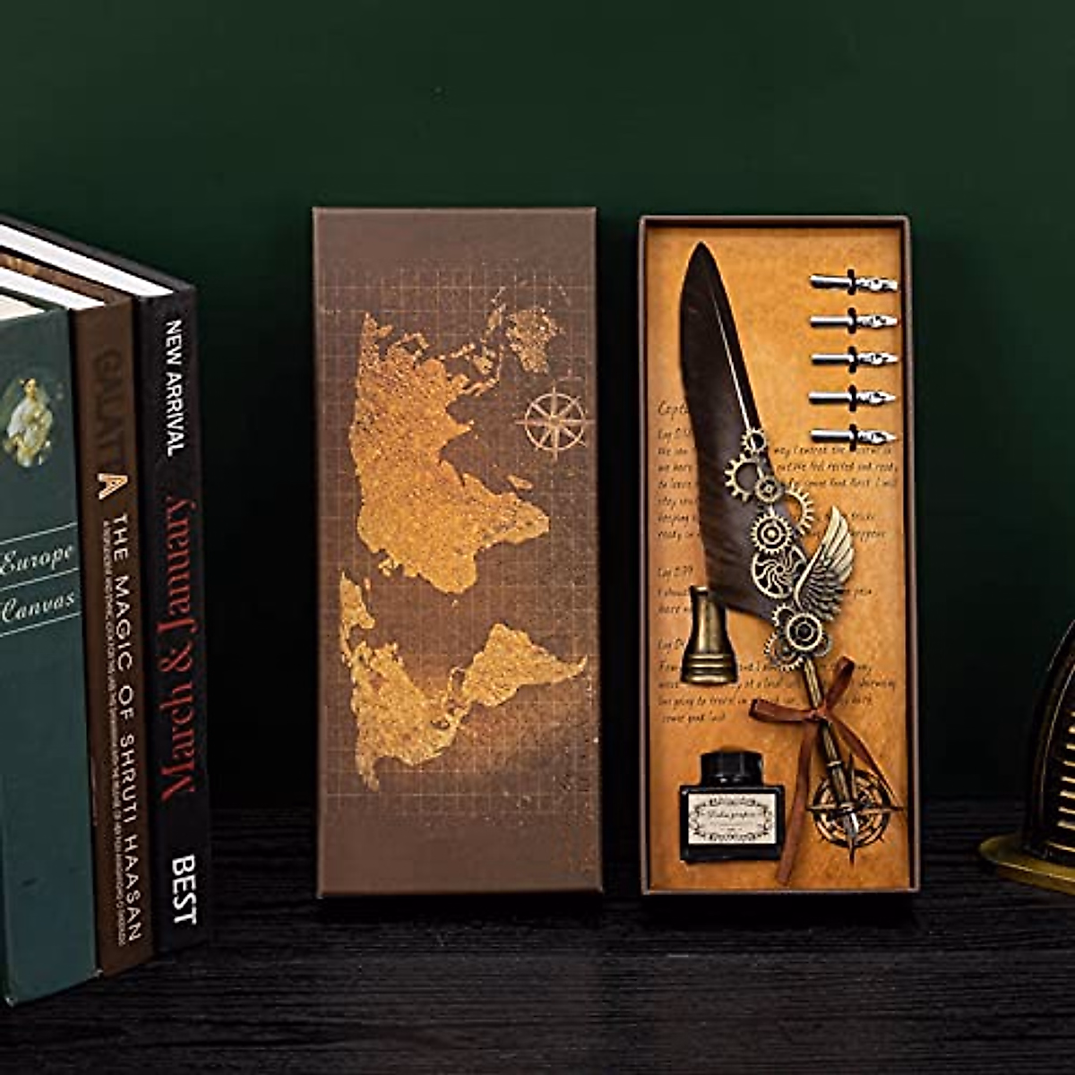 NC Calligraphy Dip Pen Set Retro European Style Ink Pen Metal Industrial Wind Carved Gift, 5 Replacement Nibs, Ink, Pen Socket, Packaging Box