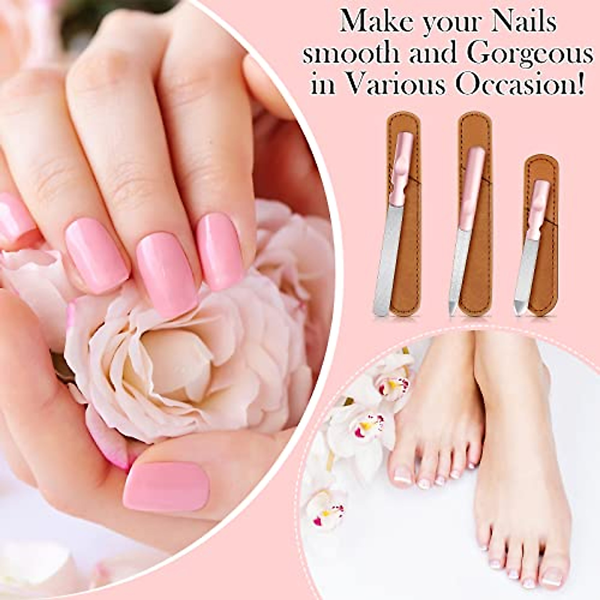 3 Pieces Stainless Steel Nail Files with Leather Case, Double Sided Metal Nail Files with Anti-Slip Handle, Metal Nail File Buffer Manicure Pedicure Tools for Fingernail Toenail (Rose Gold)