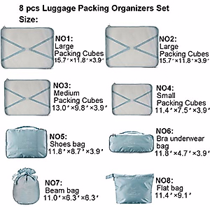Travel Packing Cubes 8 Pcs Set, Luggage Packing Organizers with Shoe Bag and Toiletry Bag