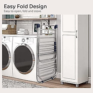 Foldable Premium Clothes Drying Rack, Large 2- Layer Stainless Steel Drying Rack for Sheets, Towels & Clothing Including 33 Hanging Rails, Height Adjustable and 32 Clips for Socks & Underwear - Blue