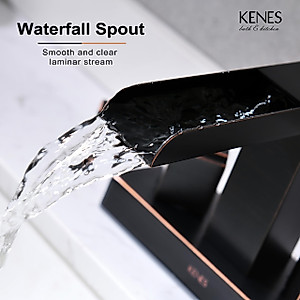 KENES Oil Rubbed Bronze Waterfall Bathroom Faucet, Two Handle Centerset Bathroom Sink Faucet, Vanity Faucet 3 Hole Bathroom Lavatory Faucet with Pop Up Drain & Supply Lines, KE-9053-8-P