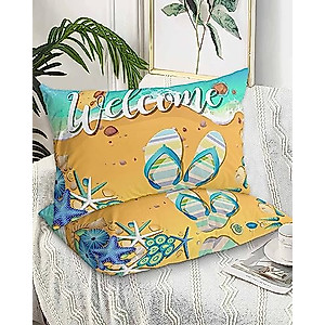 Edwiinsa Beach Pillow Covers Standard Size Set of 2 20x26 Bed Pillow, Summer Ocean Starfish Seashells Slippers Blue Sea Plush Soft Comfort for Hair/Skin Cooling Pillowcases with Envelop Closure