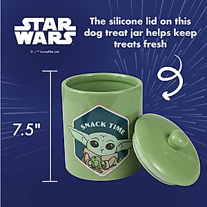 Star Wars for Pets The Mandalorian "Snack Time" Dog Treat Jar | 7.3" x 5.1" Ceramic Dog Treat Jar with Lid, Dishwasher Safe | Baby Yoda Green Dog Food Storage Container | Baby Yoda Treat Jar