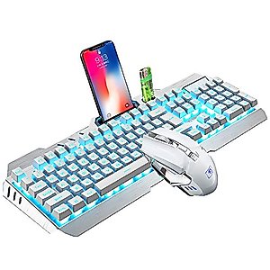 Wireless Gaming Keyboard and Mouse,Blue Backlit Rechargeable Keyboard Mouse with 3800mAh Battery Metal Panel,Mechanical Feel Keyboard and 7 Color Gaming Mute Mouse for PC Gamer