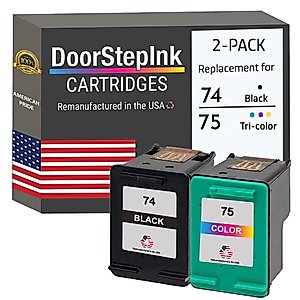 DoorStepInk Remanufactured in The USA Ink Cartridge Replacements for HP 74 HP 75 Combo Pack Black CB335 and Color CB337 for HP Deskjet D4260, D4360; OfficeJet J5780, J6480; Photosmart D5345, D5360