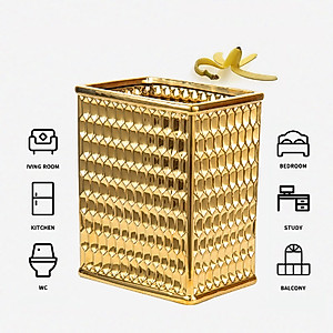 RZCNC Ceramic Gold Square Trash can Waste Basket, Decorative Garbage Can for Bathroom, Bedroom, Home Office, Kitchen, Dorm, College (1.5 Gallon, Small, Open Top)
