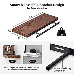 Floating Shelves, 8 Inch Deep Rustic Natural Oak Wall Shelves for Storage, Wall Mounted Wooden Display Shelving for Bedroom, Living Room, 24'' x 8'' Shelves, Dark Oak Color, Set of 2