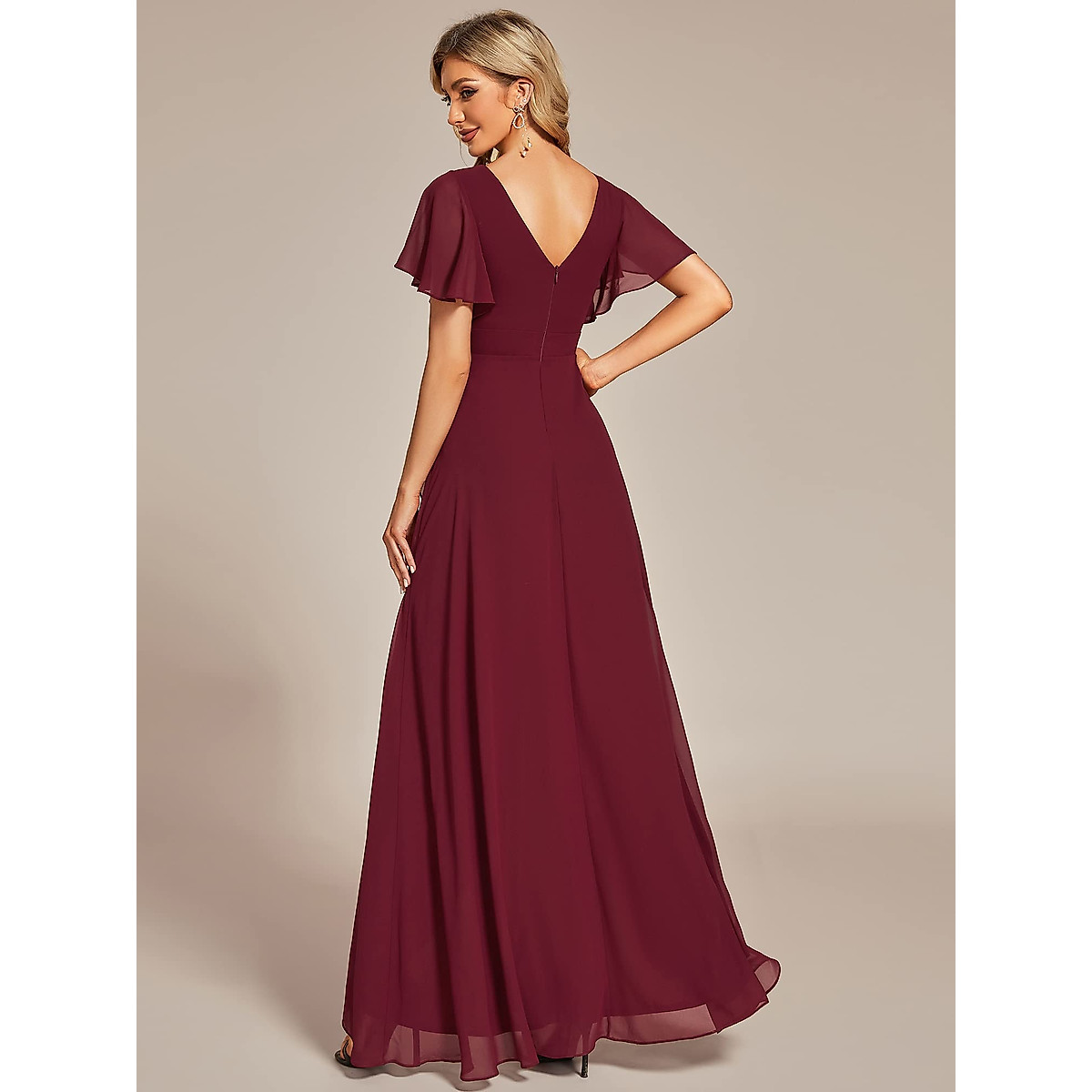 Ever-Pretty Women's Double V Neck A Line Ruffle Hem Backless High Low Chiffon Wedding Guest Dresses Burgundy US14