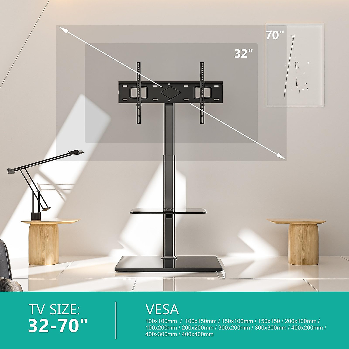 WALI TV Floor Stand for 32-70inch TVs up to 88lbs, Universal Floor TV Stand Mount, Swivel and Height Adjustable Tall TV Stand with Tempered Glass Base and Shelf for Living Room,Bedroom,Office(TVDVD-6)