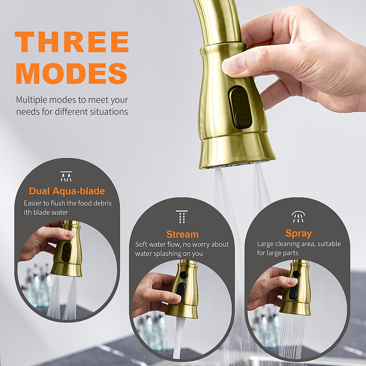 Kitchen Sink Faucet Head Replacement Part - 3 Modes for Kitchen Sink Sprayer Faucet Head, 13/16" Kitchen Pull Down Spray Head Nozzle, Brushed Nickel for G1/2 Connector, Male