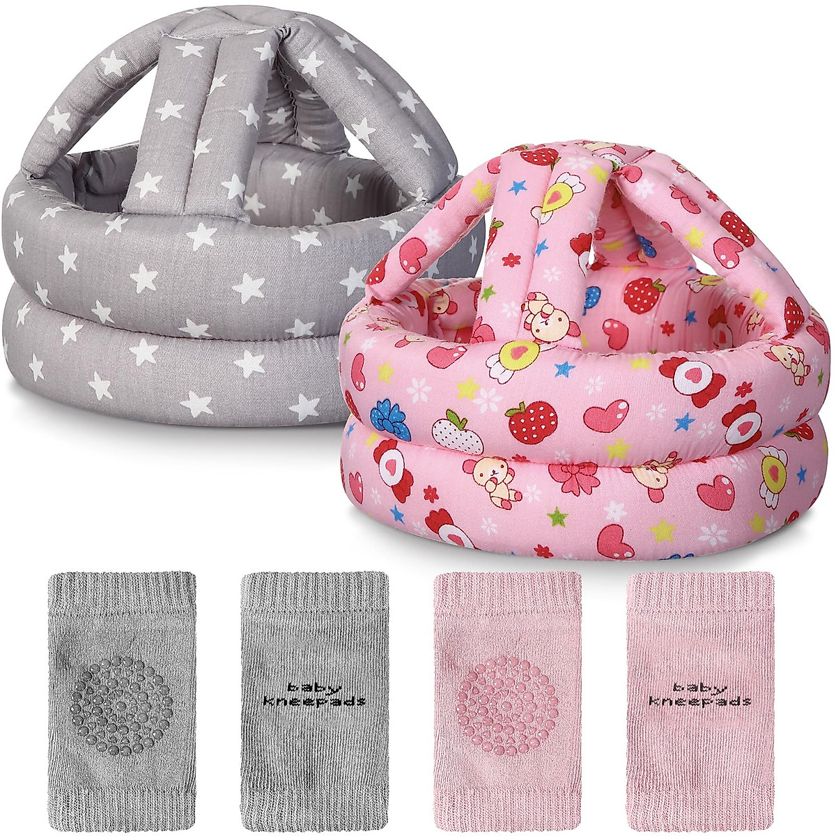 Geyoga 2 Pack Baby Safety Helmet for Crawling Walking with 2 Pairs Knee Pads Baby Head Protector Adjustable Baby Head Cushion Bumper Bonnet for Learning to Walk(Owl Style)