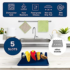 Silicone Spoon Rest Holder for Stove Top, Silicon Utensil Rests for Kitchen Countertop, Large Heat Resistant Spatula Spoon Reat for Cooking with 5 Slots with Drip Pad BBQ Utensil Holder (Sapphire)