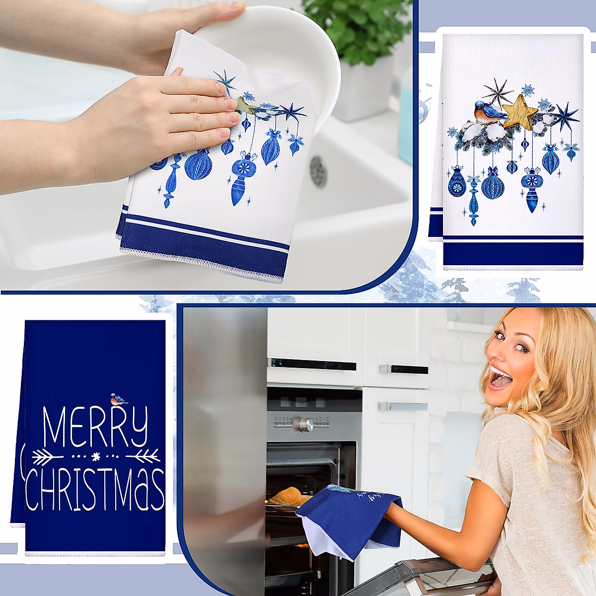 Geyoga 6 Pcs Christmas Kitchen Towels Decor 16 x 24 Inch Absorbent Christmas Tree Dish Towels Xmas Truck Snowman Santa Plaid Hand Tea Towels for Holiday Housewarming Gift(Blue, White,Snowman)