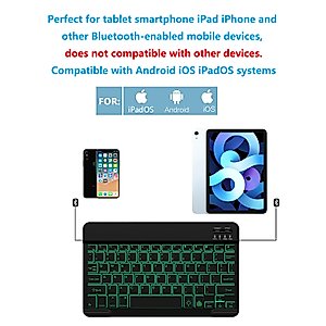 Backlit Bluetooth Keyboard Small Portable External Wireless Keyboard Cordless Rechargeable Illuminated for Android Tablet Cell Phone Smartphone iPad Pro Air Mini iPhone Windows Surface (Black)